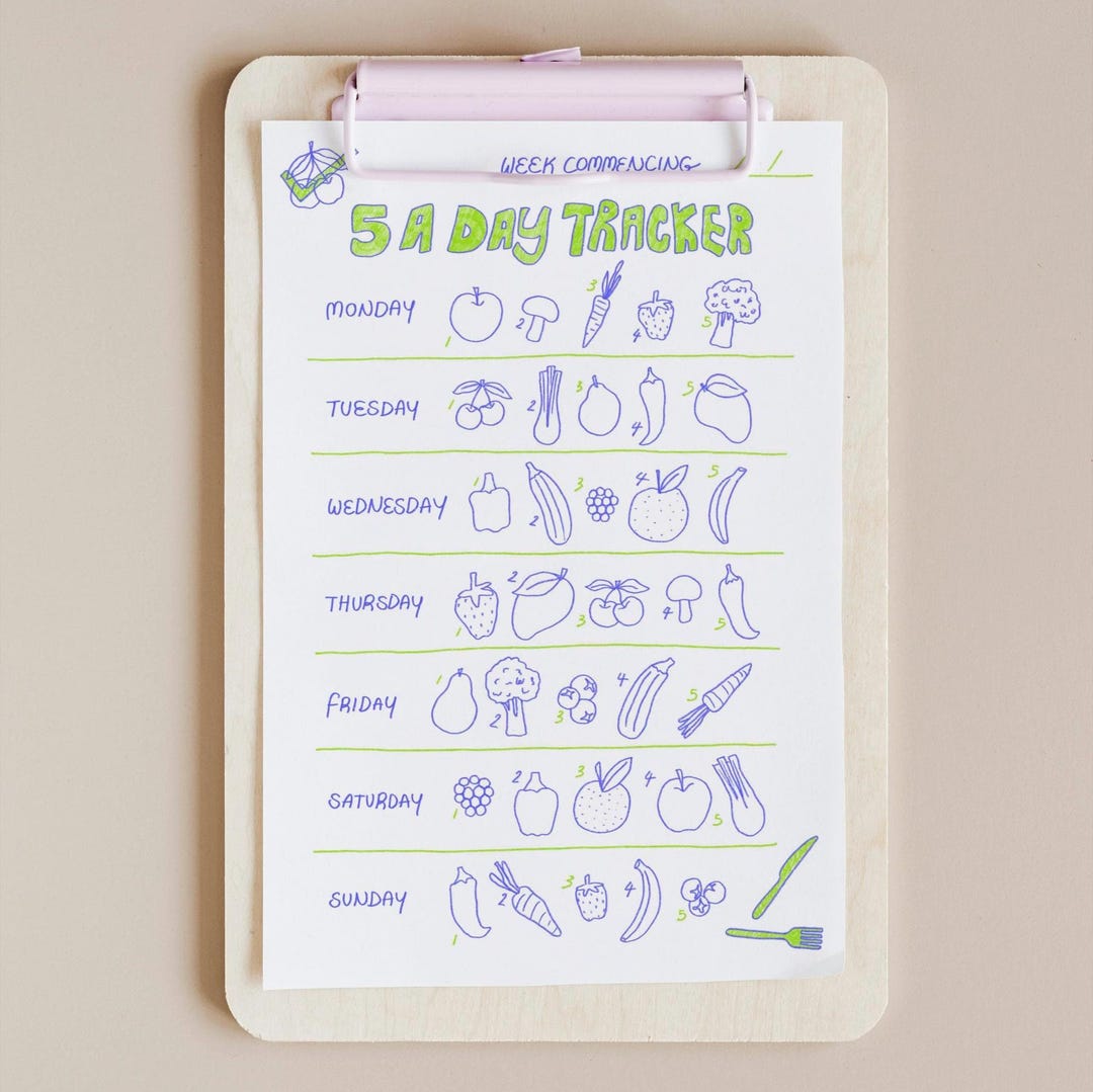 4x Printable/ Digital 5 A Day Tracker, Illustrated Weekly Food Log ...