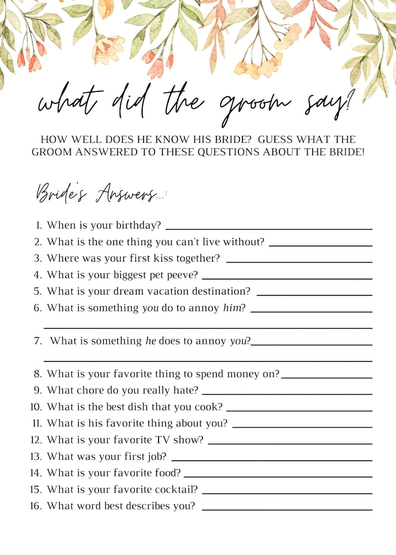 Bridal Shower Game - What Did the Groom Say? - Etsy