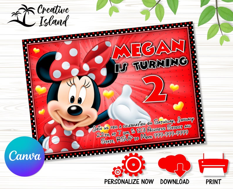 Minnie Mouse Birthday Invitation Template Red, DIY Canva Editable ...