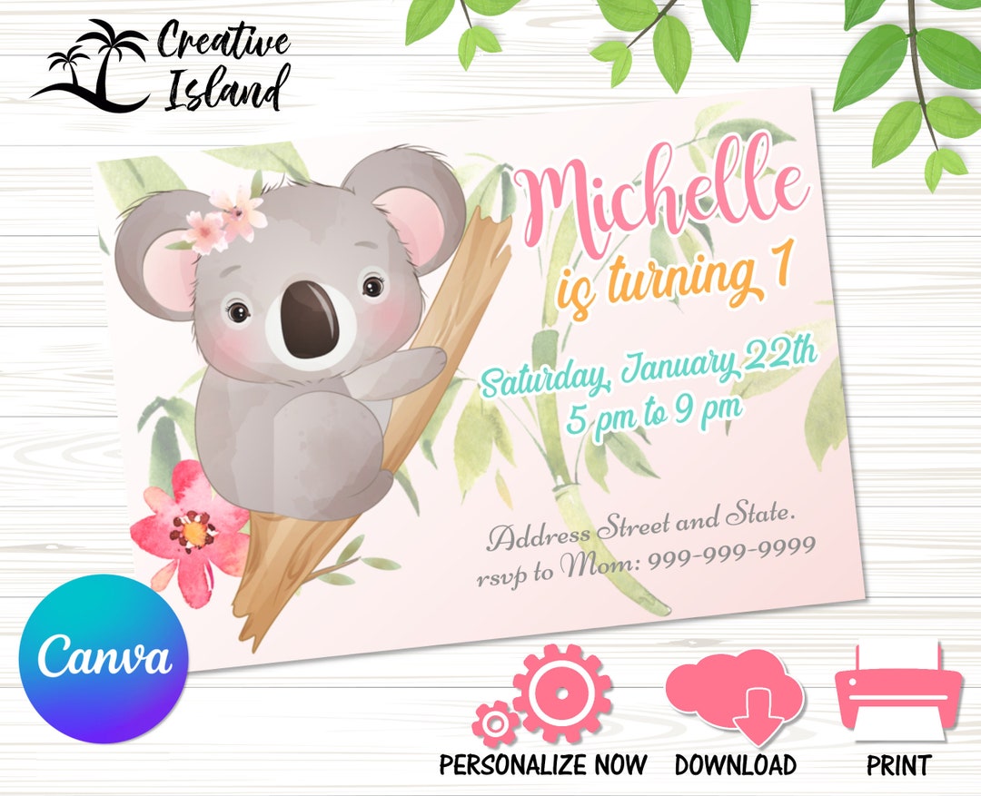 Koala Birthday Invitation Template for Girls, DIY Canva Editable ...