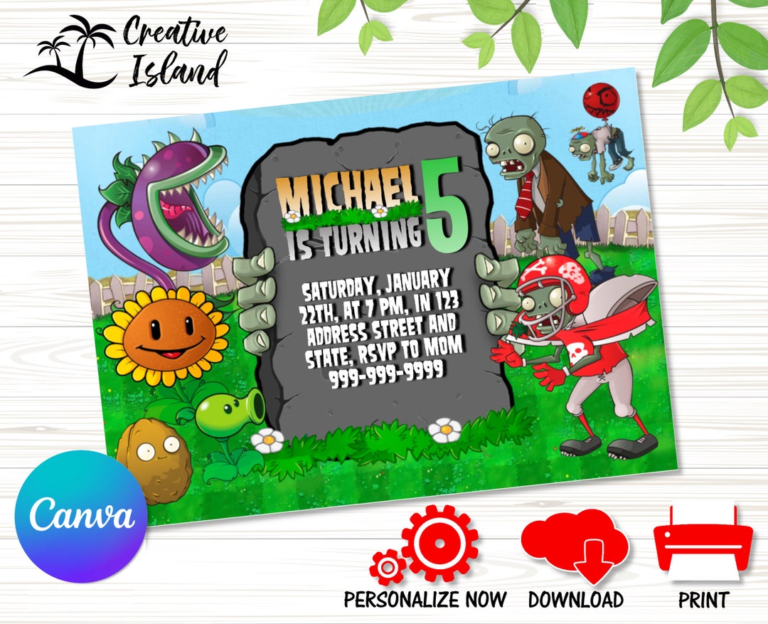 Plants Vs Zombies Birthday Invitation Template, DIY Canva Editable ...