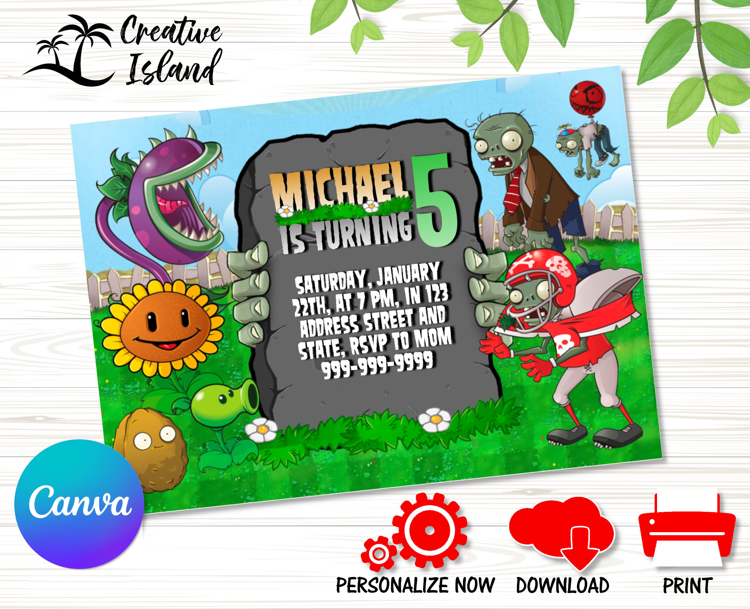 Plants Vs Zombies Birthday Invitation Template, DIY Canva Editable ...