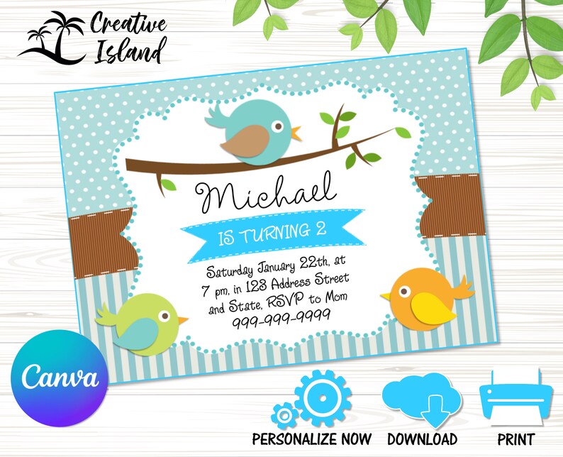 Birds Birthday Invitation Template for Boys, DIY Canva Editable ...