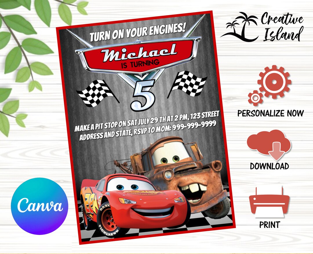Cars Birthday Invitation Template, DIY Canva Editable Invitation ...