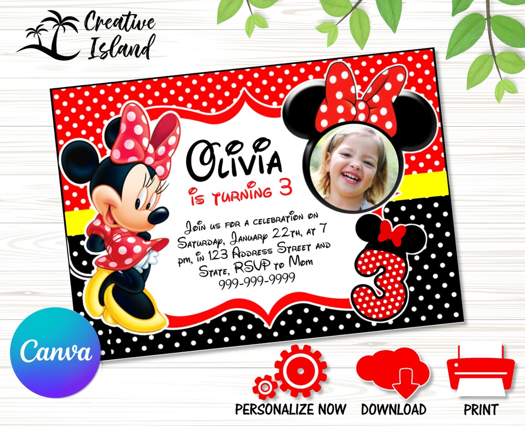 Minnie Mouse Classic Red Birthday Invitation Template, Canva Editable ...