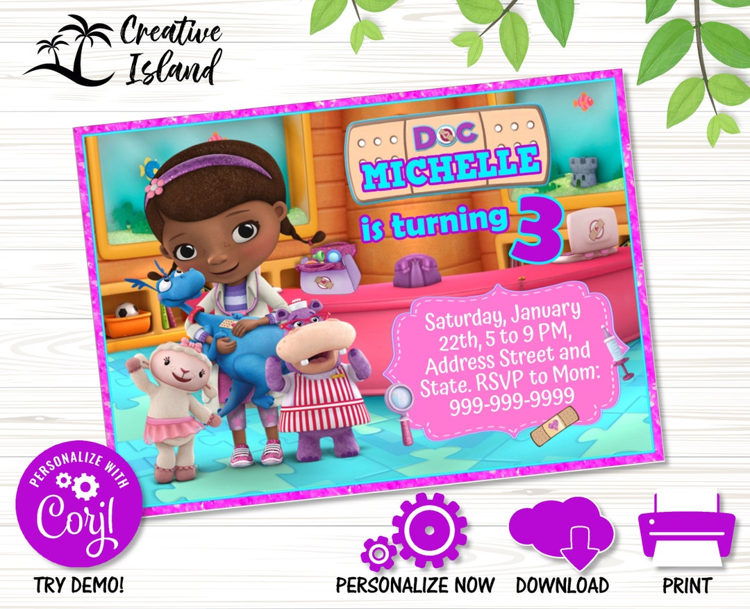Doc Mcstuffins Birthday Invitation Template 1, DIY Canva Editable ...