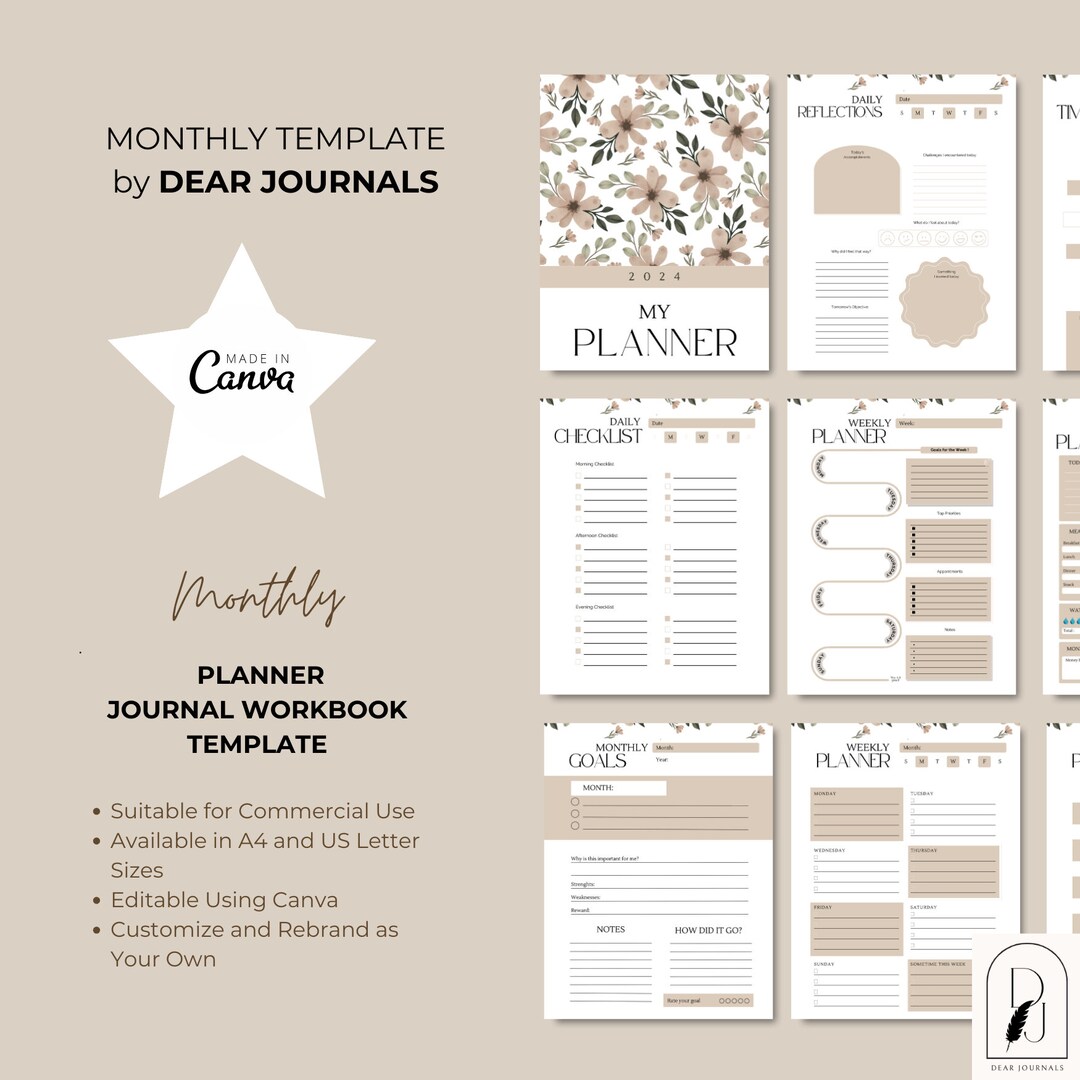 Canva Daily Weekly Monthly Planner Template | Editable Productivity ...