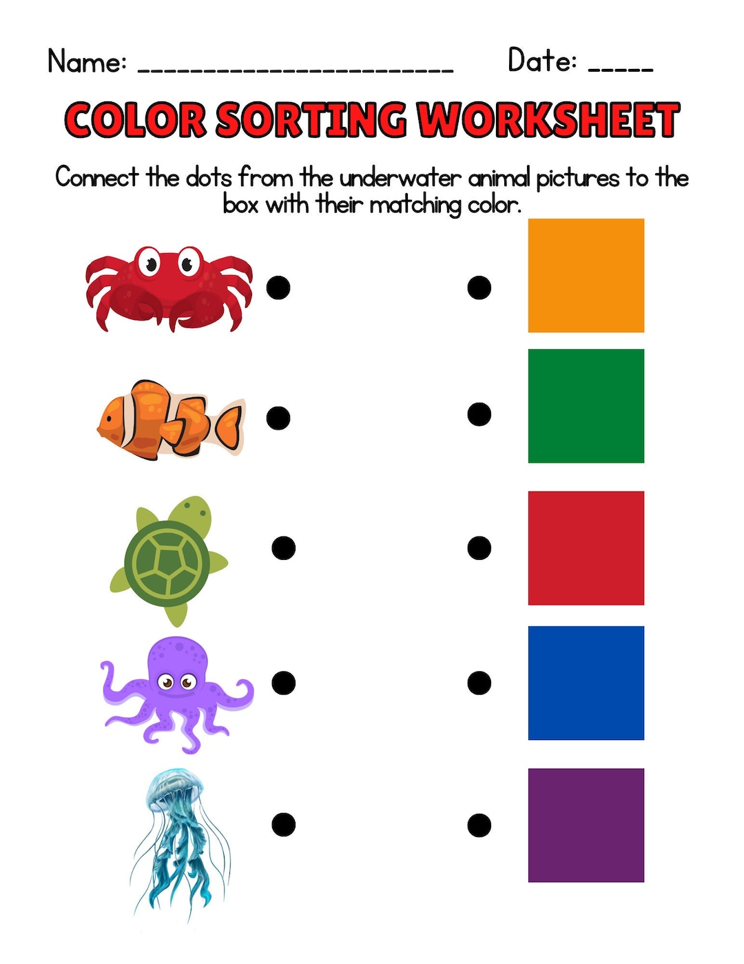 Color Sorting Worksheet, Connect the Dots, Under the Sea Colors, Color ...