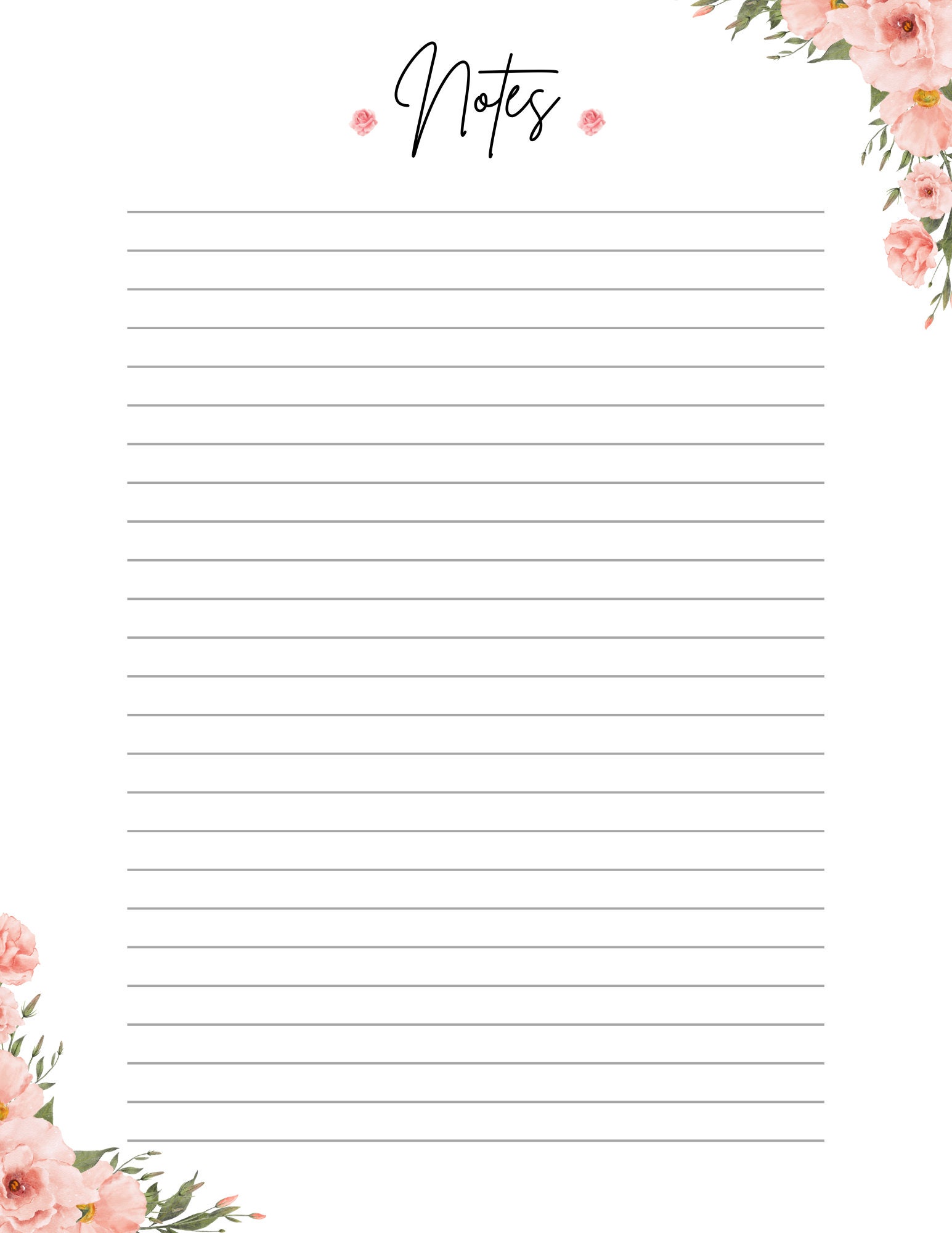 Notes Printable, Notes Template, Floral Notes, Digital Note Paper With ...