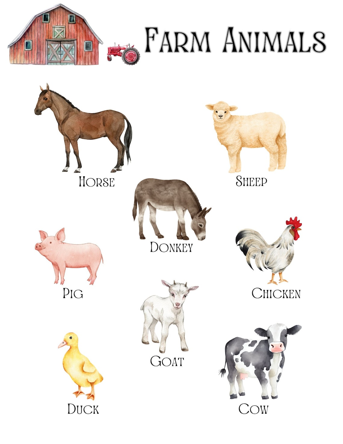 Farm Animals Education Printable for Learning Farm Animals Horse Cow ...