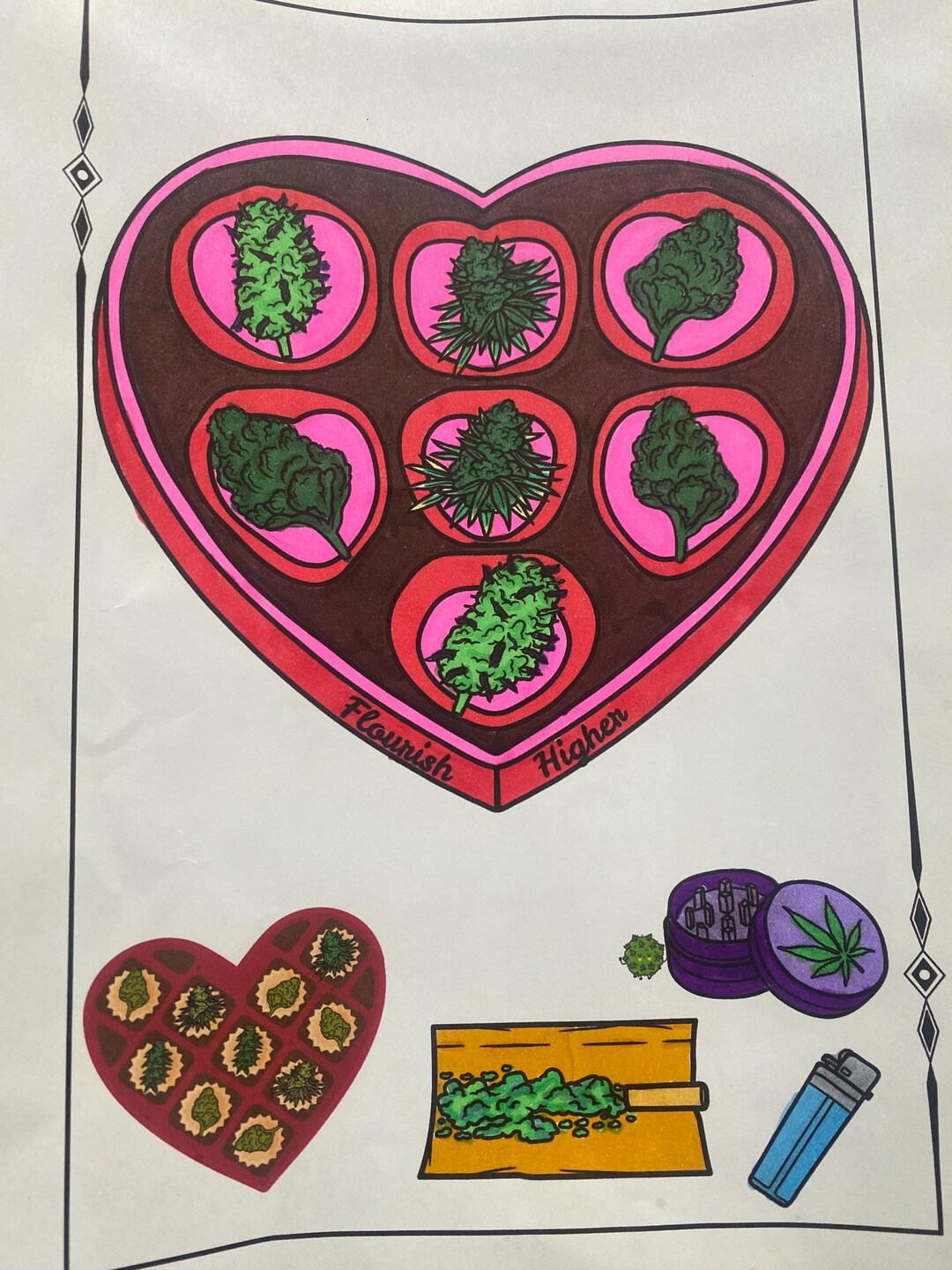 Cannabis Valentines Coloring Page | Heart Box of Buds | 420 Stoner Art ...