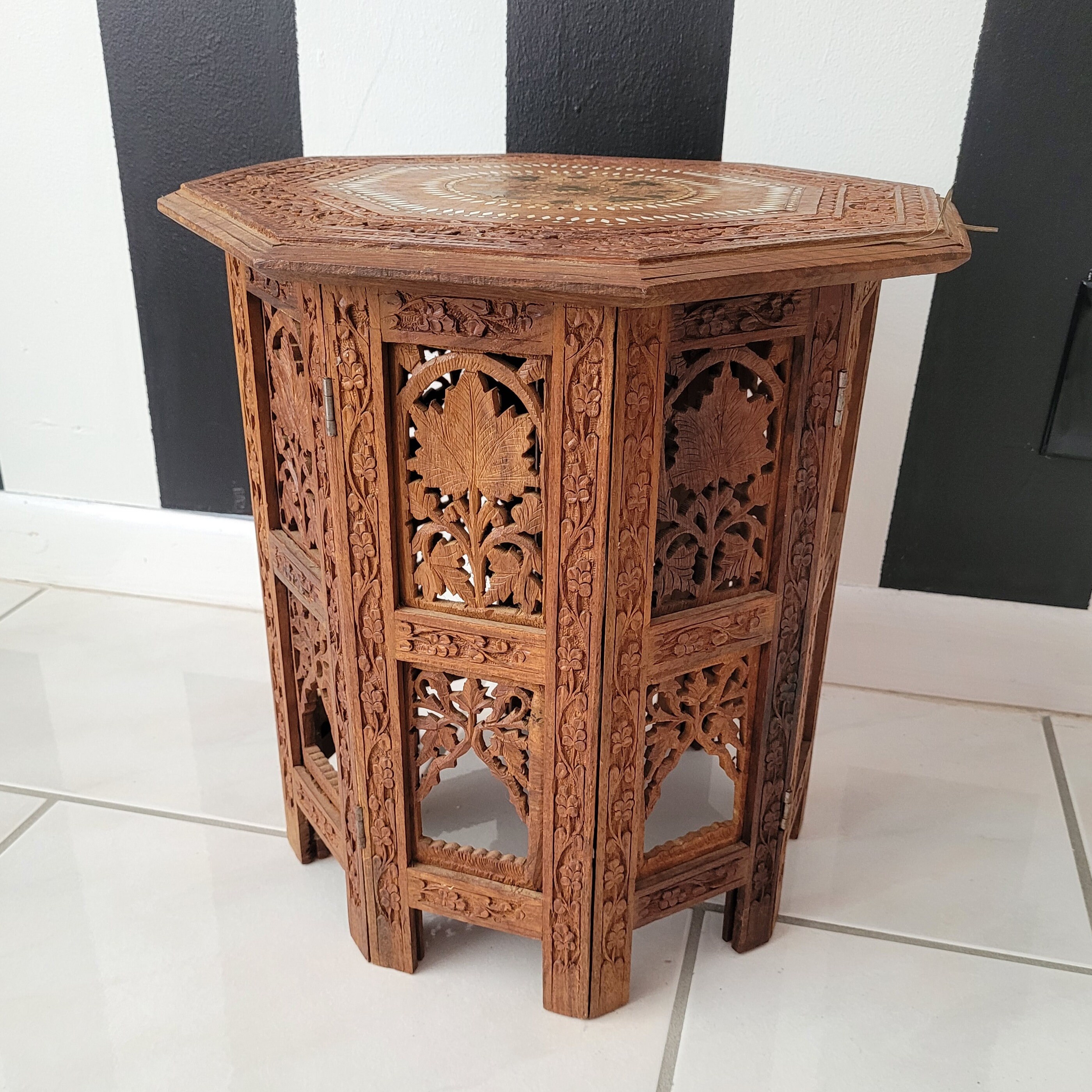 Vintage Moroccan-style Side Table, Intricately Carved Wood and Inlaid ...