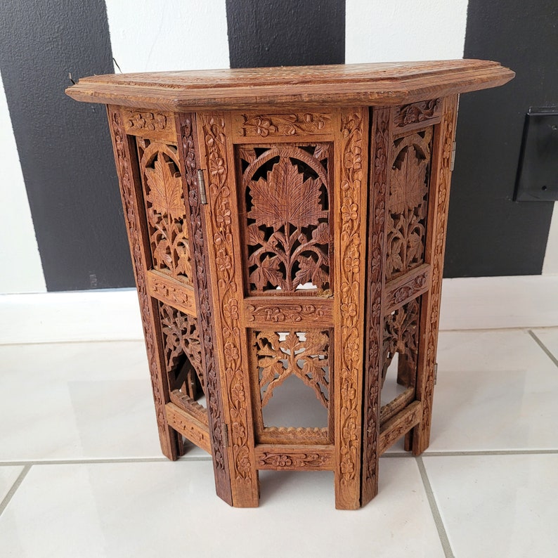 Vintage Moroccan-style Side Table, Intricately Carved Wood and Inlaid ...