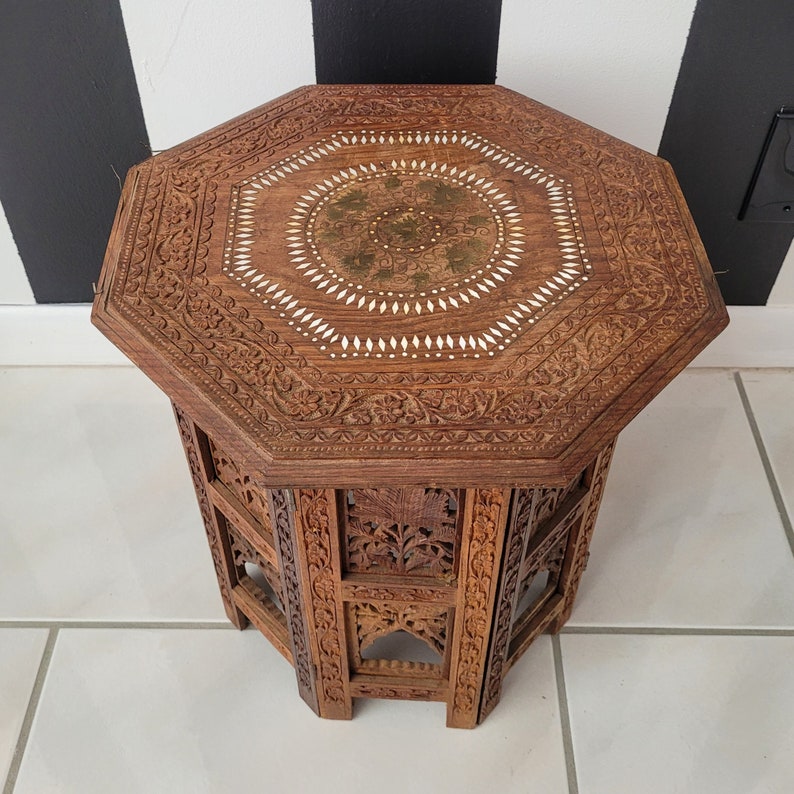 Vintage Moroccan-style Side Table, Intricately Carved Wood and Inlaid ...