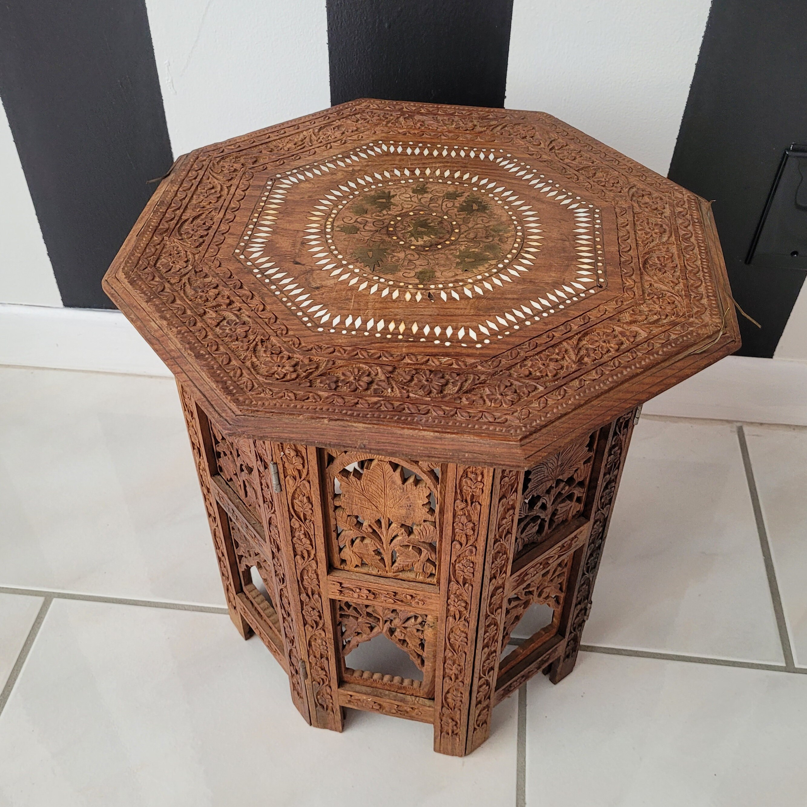 Vintage Moroccan-style Side Table, Intricately Carved Wood and Inlaid ...