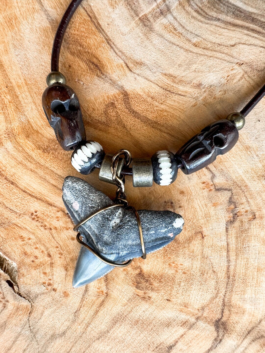 Real Bull Shark Tooth Necklace: Leather Cord & Tiki Beads - Etsy