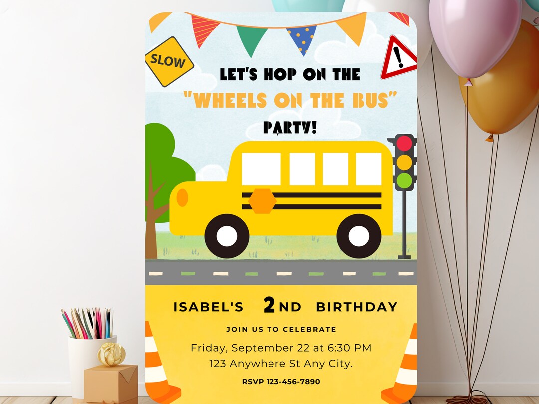 Wheels on the Bus Birthday Invitation Instant Digital Download Template ...