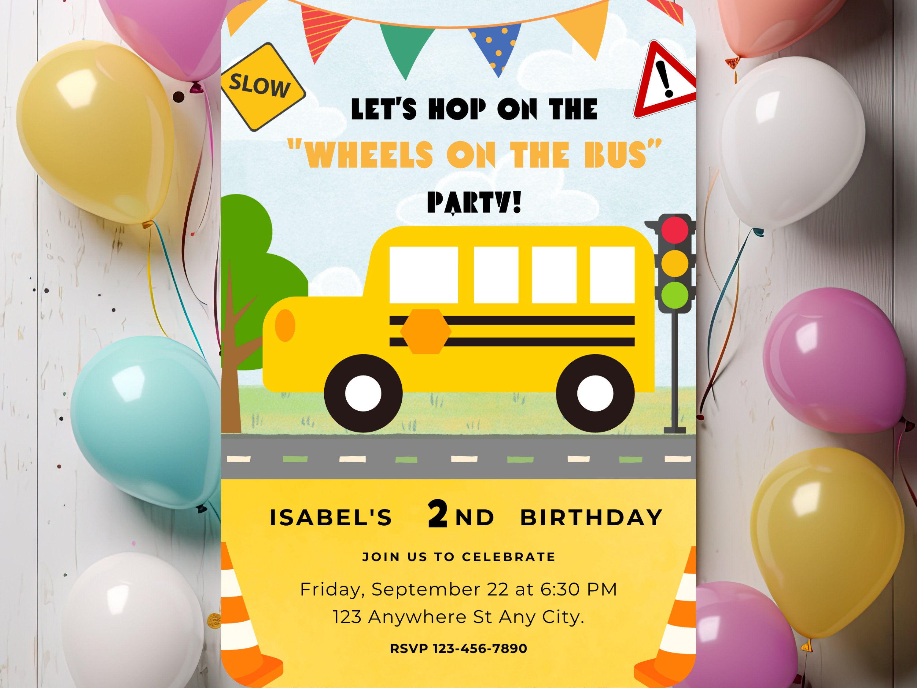 Wheels on the Bus Birthday Invitation Instant Digital Download Template ...