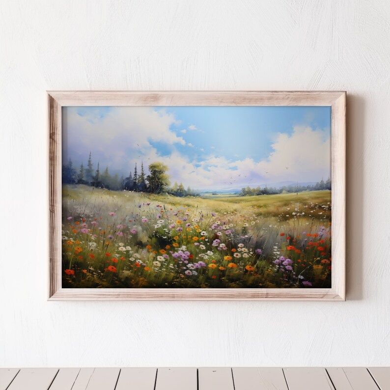 Vintage Oil Painting of a Spring Field of Wildflower Field, Flower ...