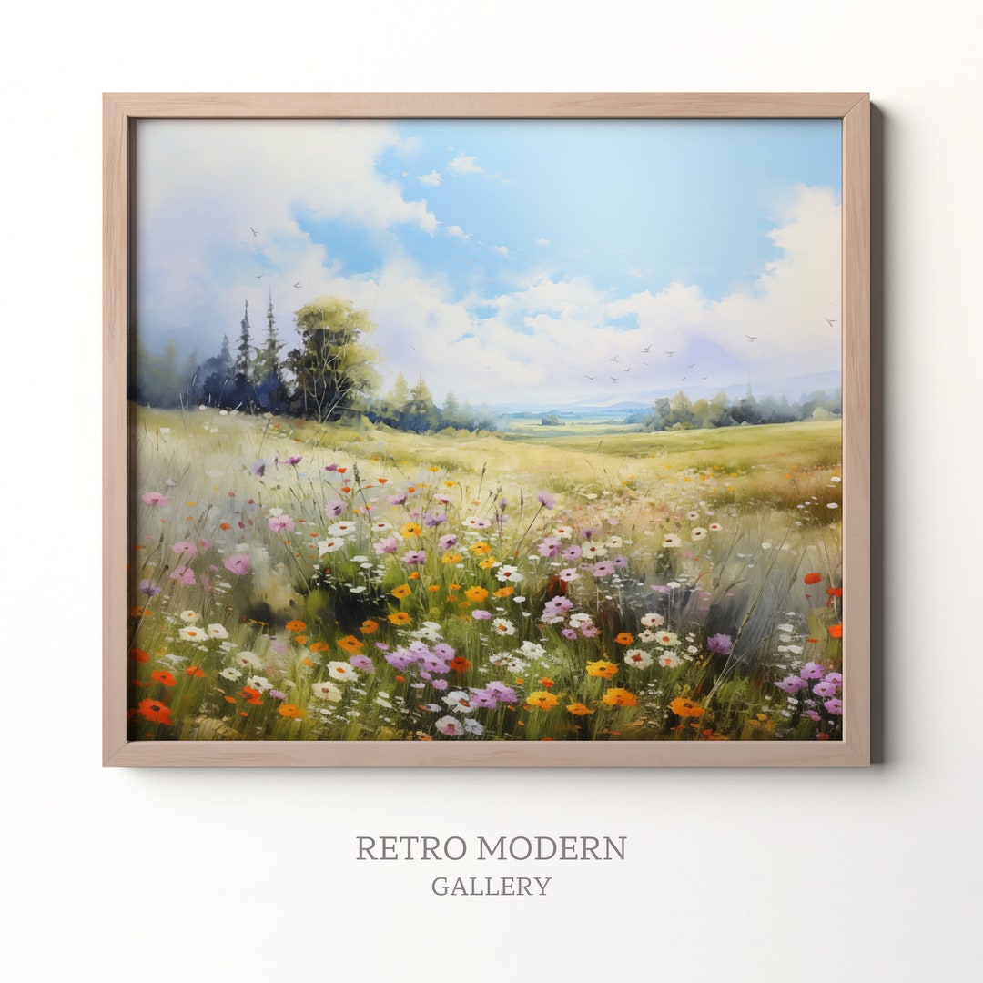 Vintage Oil Painting of a Spring Field of Wildflower Field, Flower ...