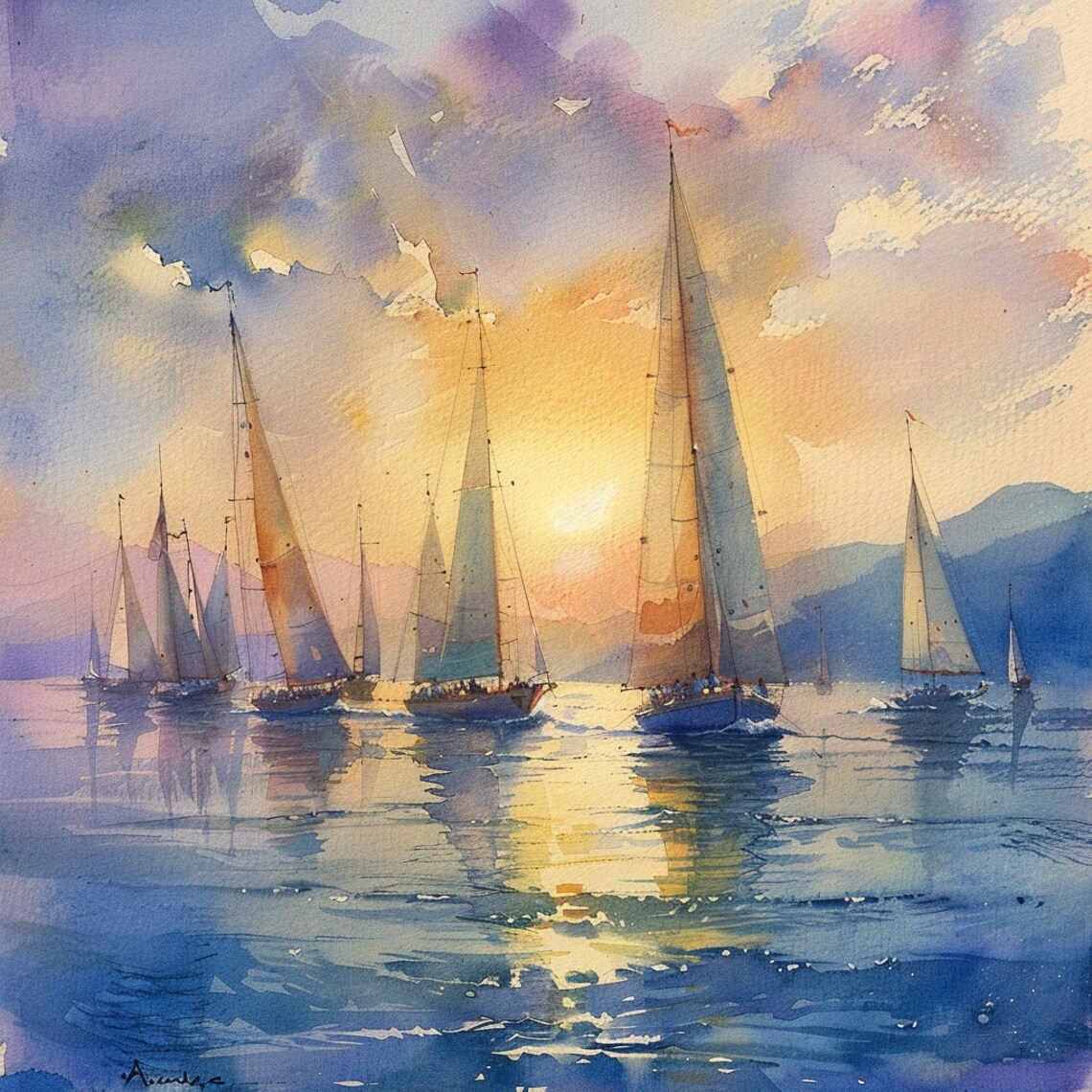 Sailing Yachts Watercolor Clipart 4 JPG Mix Media Card Making ...