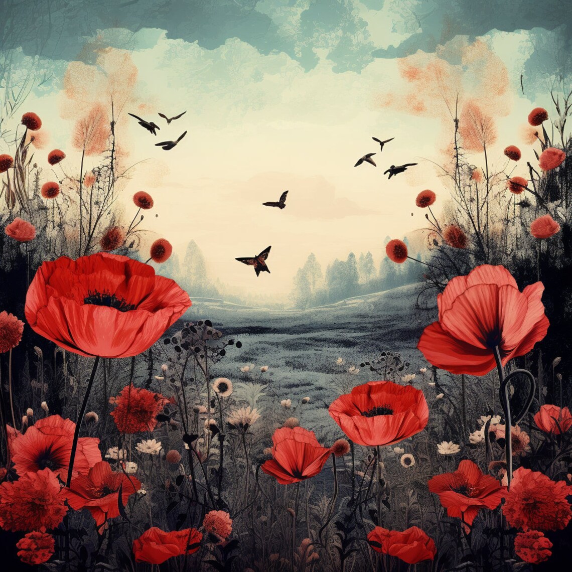 Field of Poppies Watercolor Clip Art 4 JPG Mix Media Card Making ...