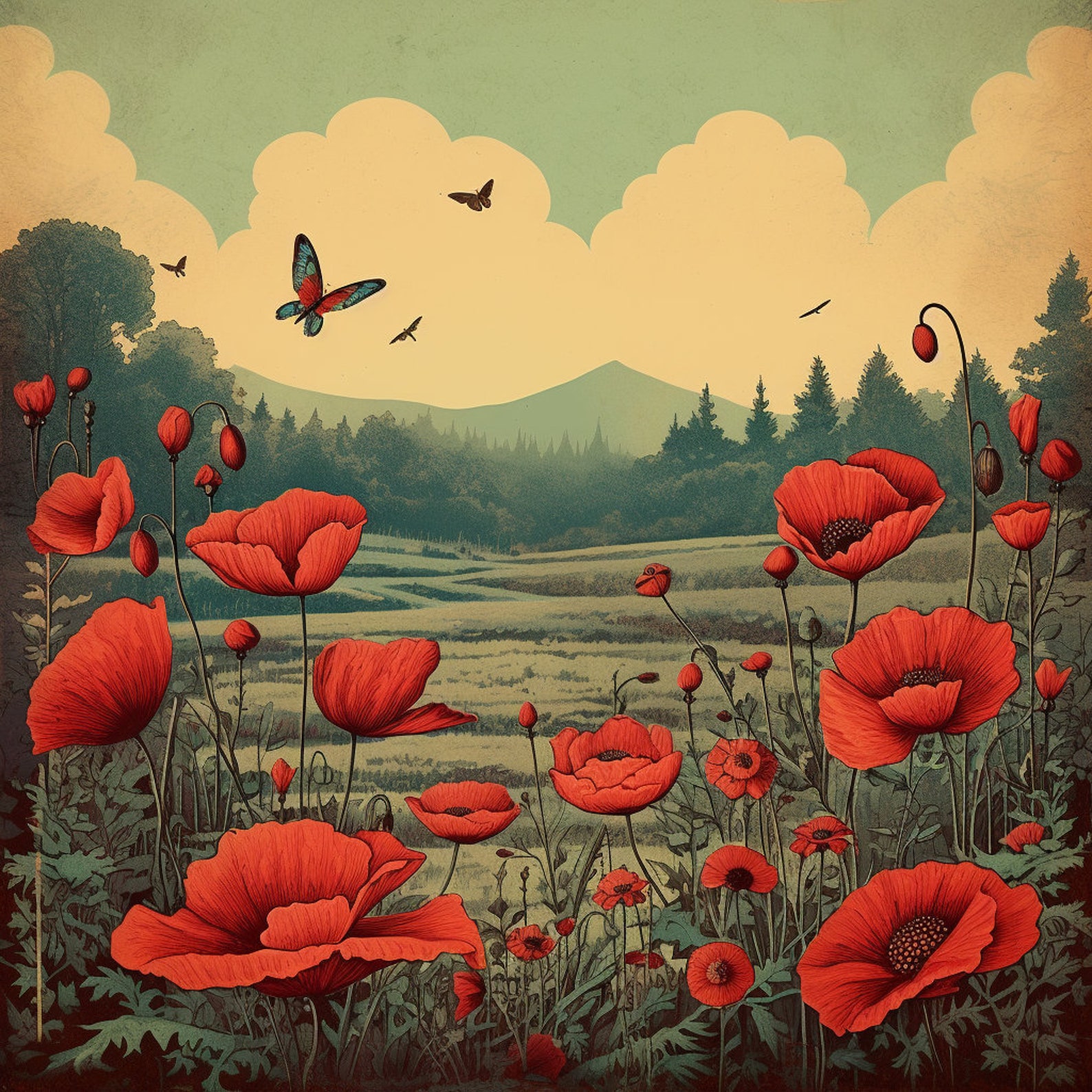 Field of Poppies Watercolor Clip Art 4 JPG Mix Media Card Making ...