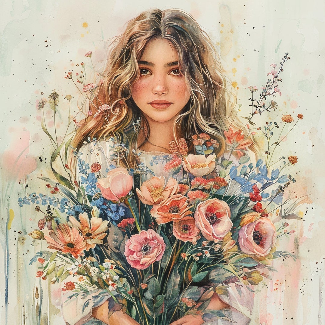 The Girl and Flowers Watercolor Clip Art 4 JPG Mix Media Card Making ...