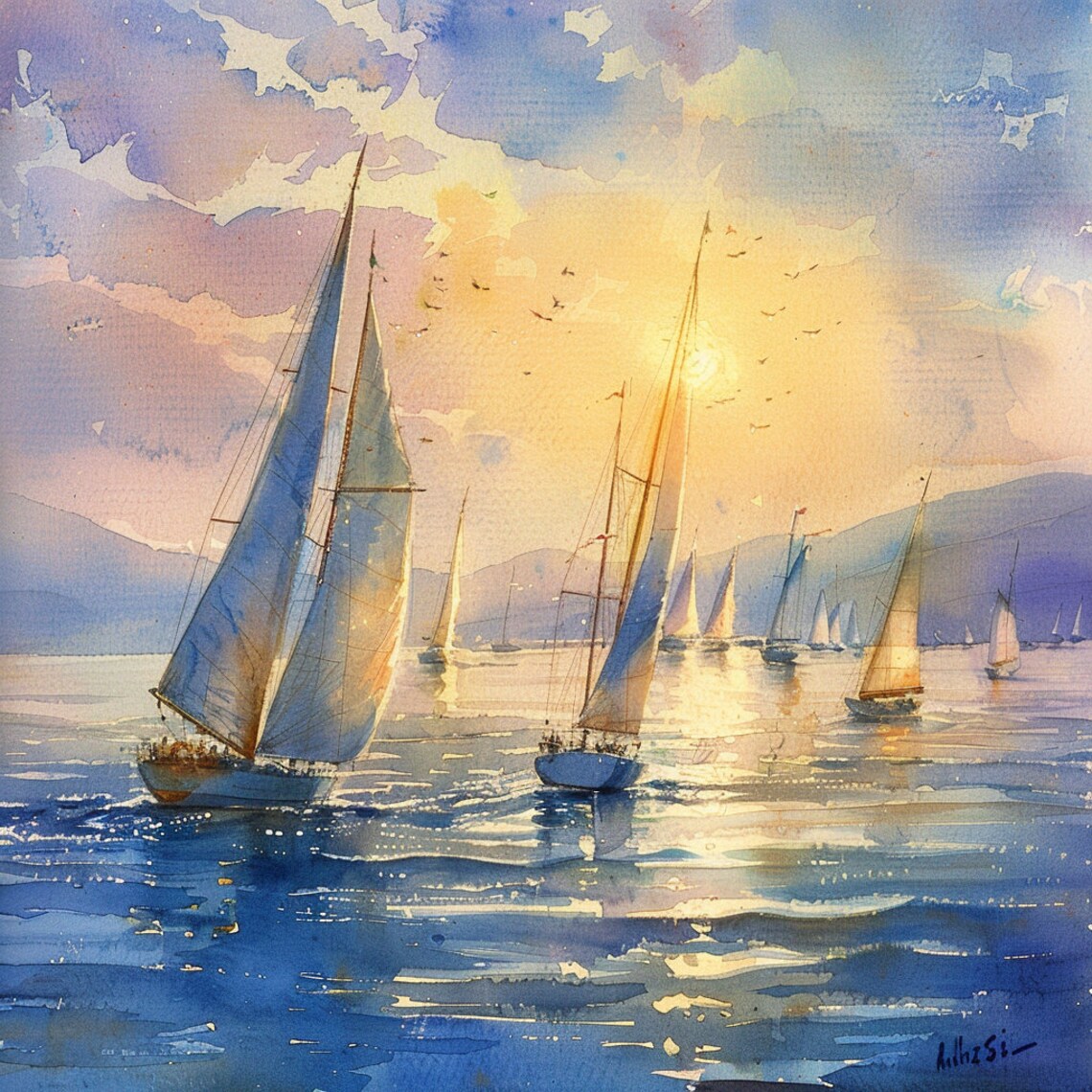 Sailing Yachts Watercolor Clipart 4 JPG Mix Media Card Making ...