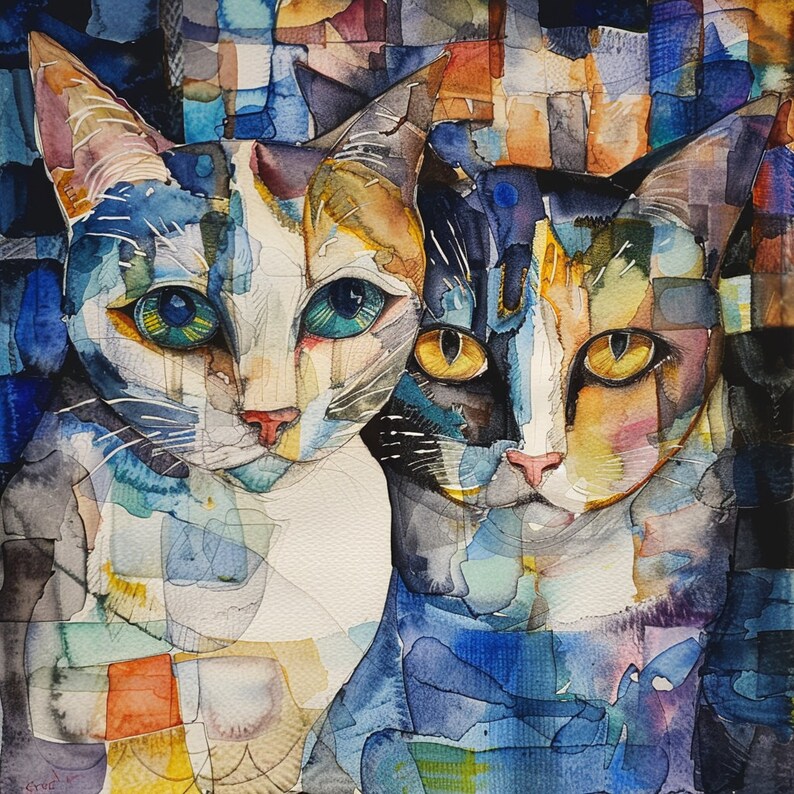 Two Beautiful Cats Watercolor Clip Art 4 JPG Mix Media Card Making ...