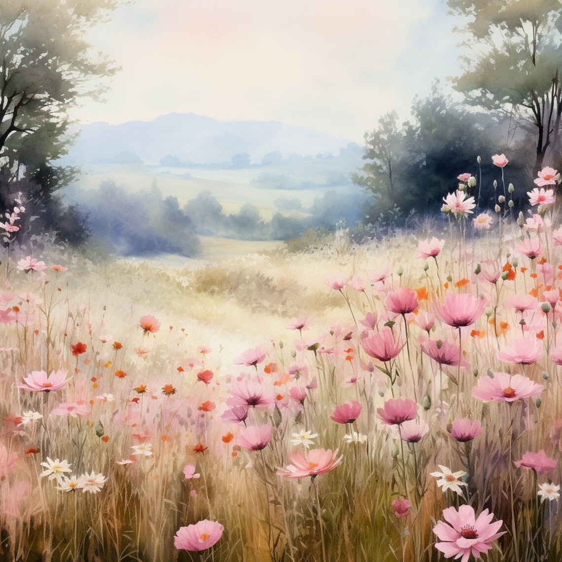 Flower Field Watercolor Clip Art 4 JPG Mix Media Card Making ...