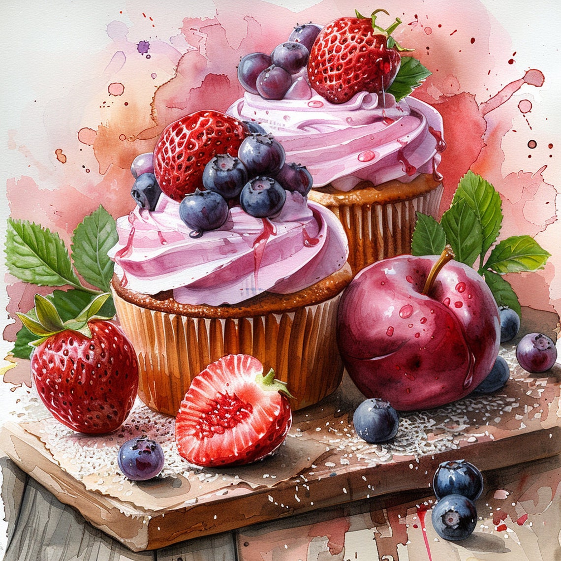 Cupe Cake Watercolor Clipart 4JPG Mix Media Card Making Invitations ...