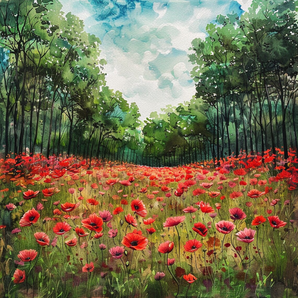 Field of Poppies Watercolor Clip Art 4 JPG Mix Media Card Making ...