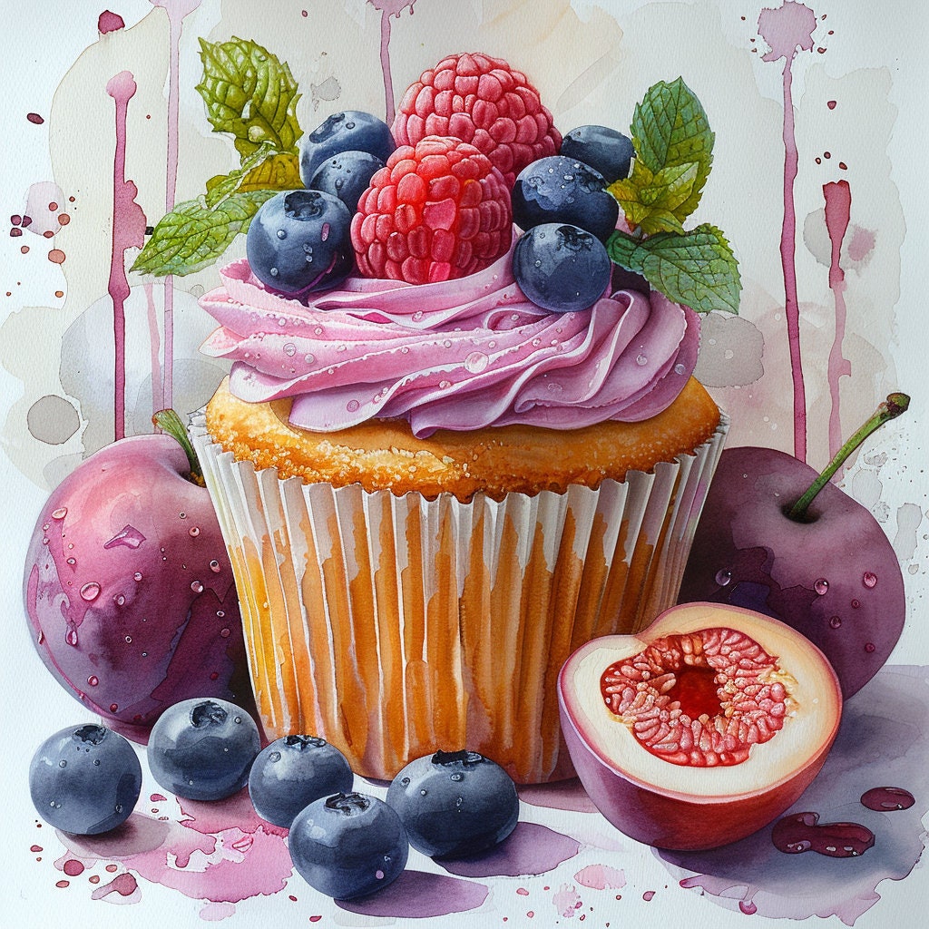 Cupe Cake Watercolor Clipart 4JPG Mix Media Card Making Invitations ...