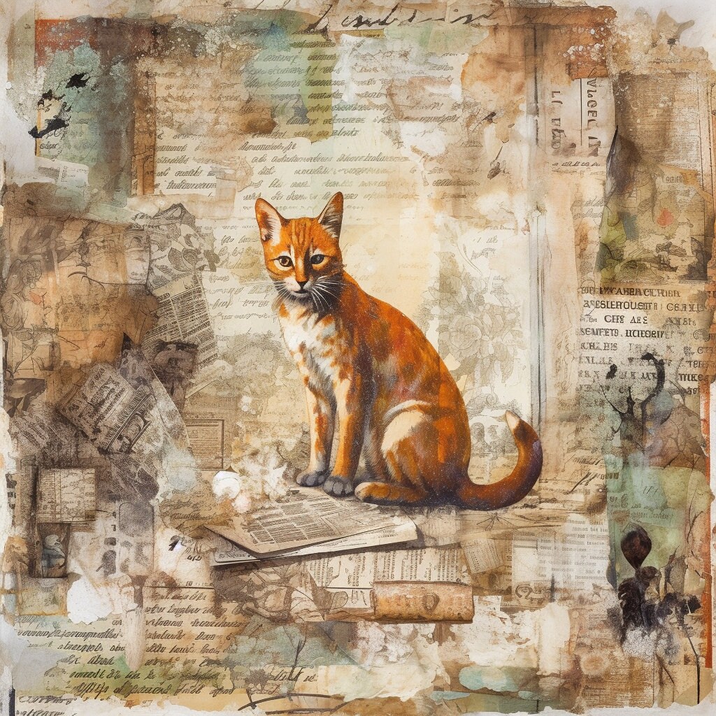 Vintage Paper and Cat Watercolor Cats Clip Art 4 JPG Mix Media Cards ...