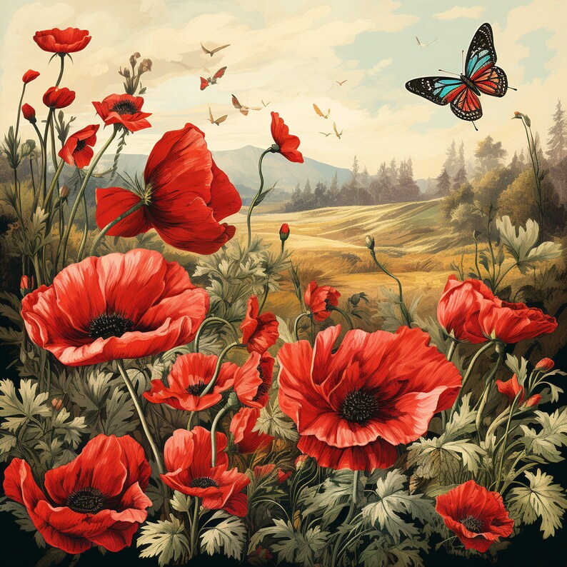 Field of Poppies Watercolor Clip Art 4 JPG Mix Media Card Making ...