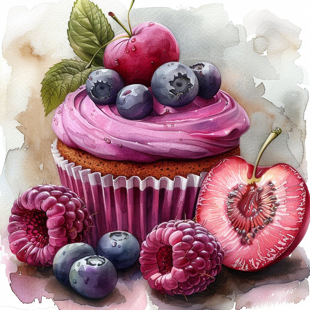 Cupe Cake Watercolor Clipart 4JPG Mix Media Card Making Invitations ...