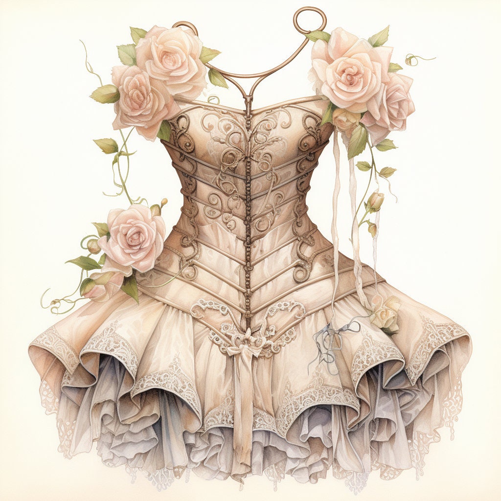 Victorian Wedding Dress Watercolor Clipart 4 JPG Mix Media Card Making ...
