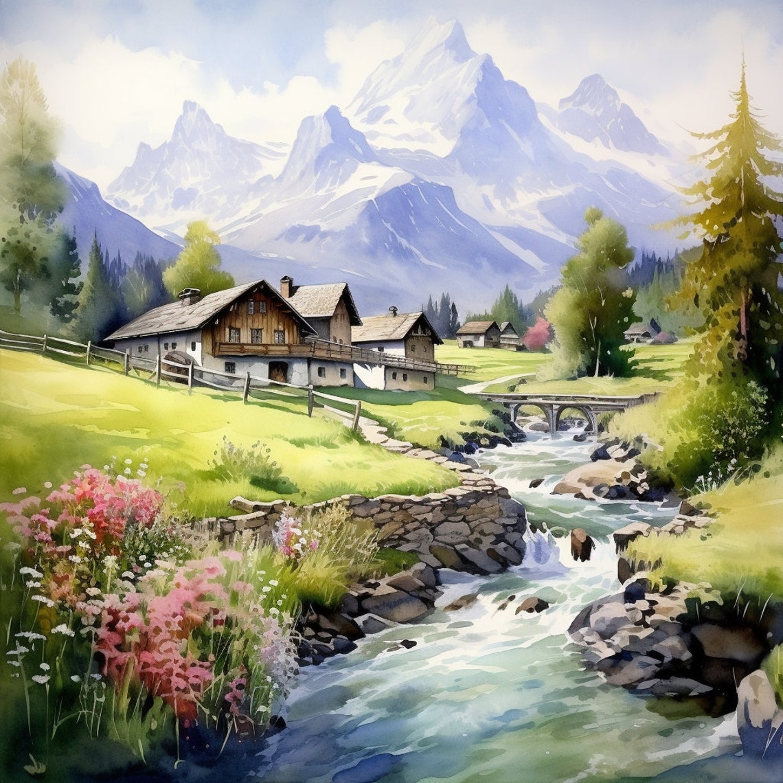 Swiss Alps Village Watercolor Clip Art 4 JPG Mix Media Card Making Invitations Collage Junk ...