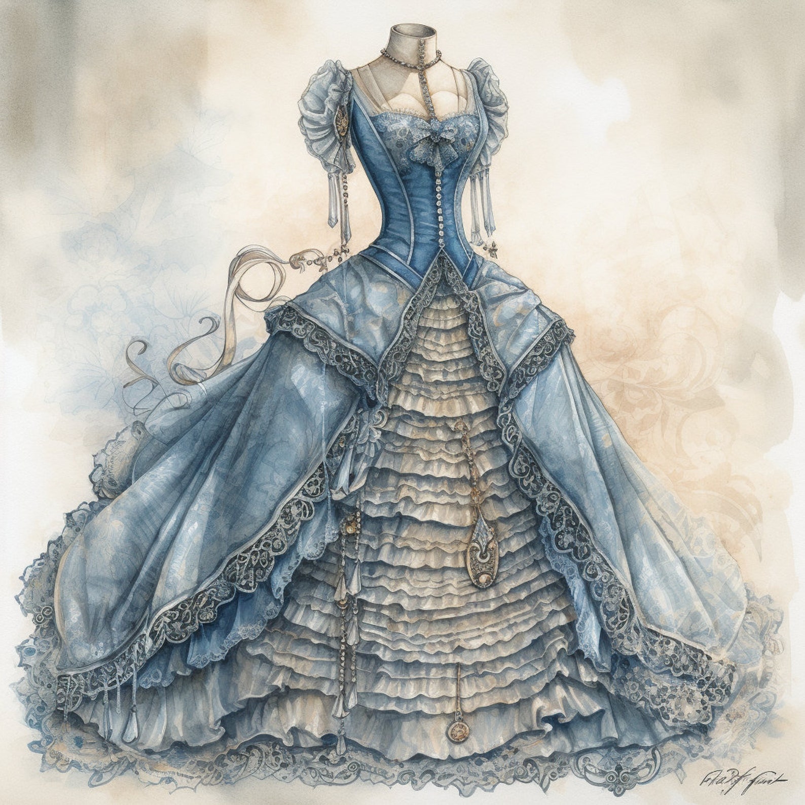 Blue Dress Watercolor Clipart 4 JPG Mix Media Card Making Invitations ...