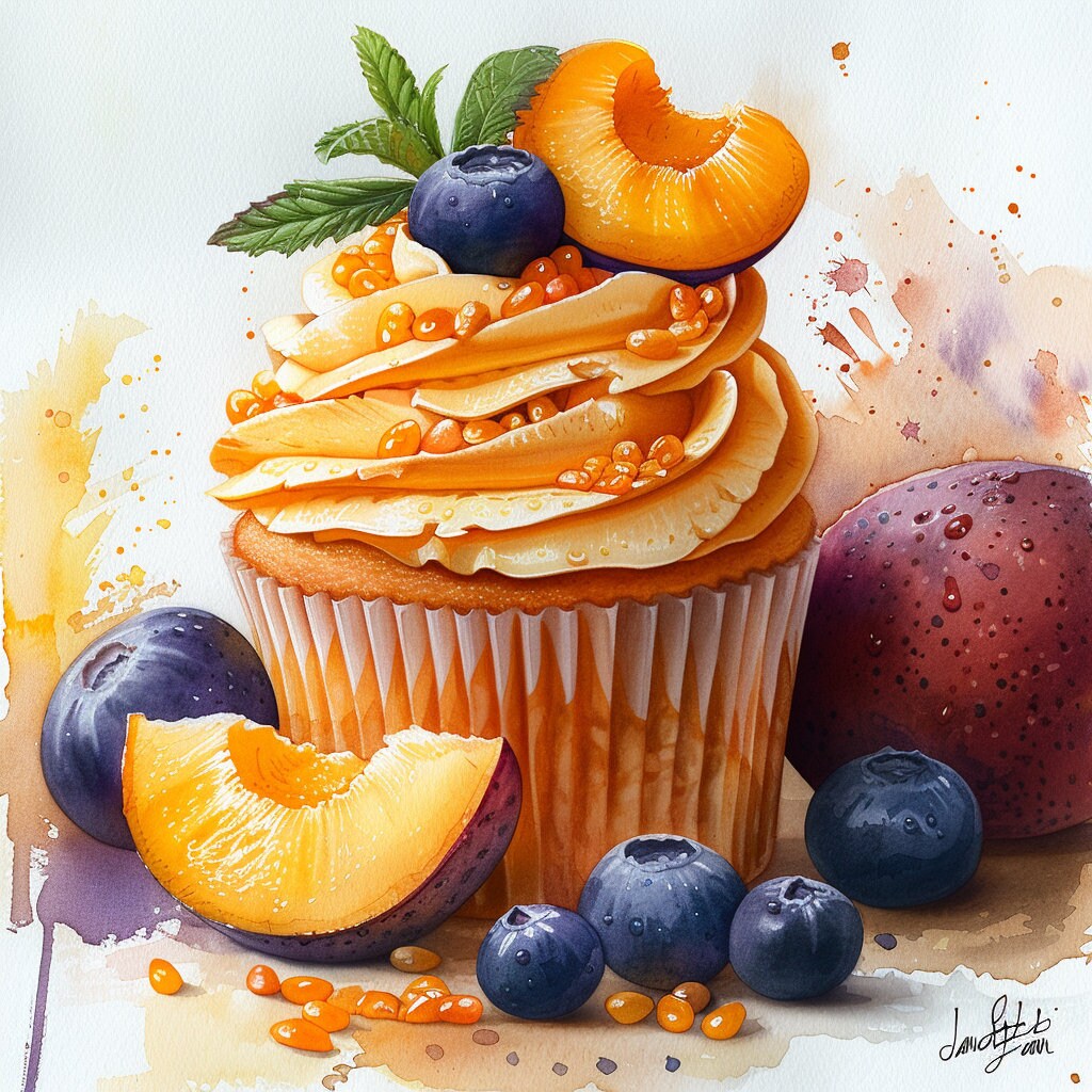 Cupe Cake Mango Watercolor Clipart 4JPG Mix Media Card Making ...