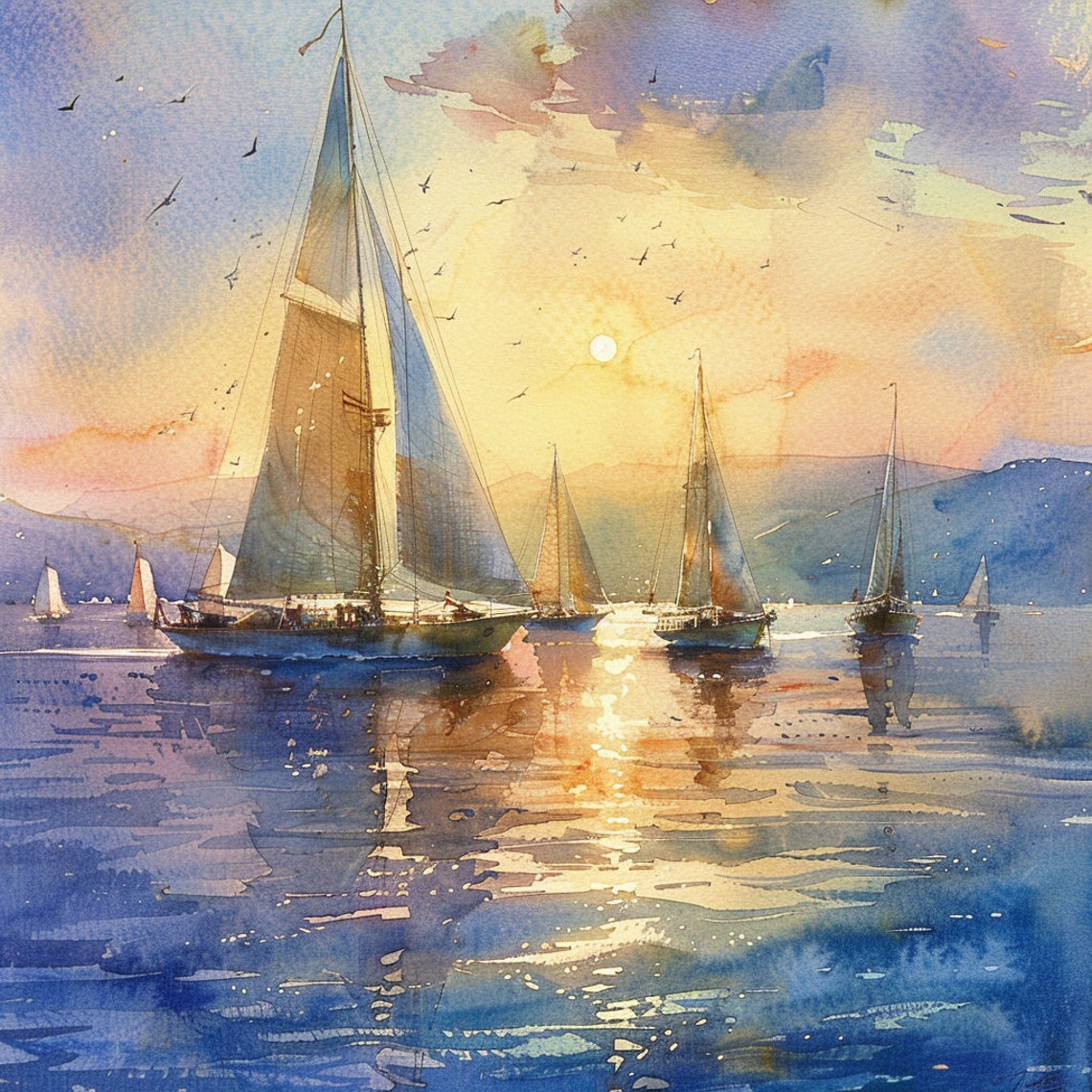 Sailing Yachts Watercolor Clipart 4 JPG Mix Media Card Making ...