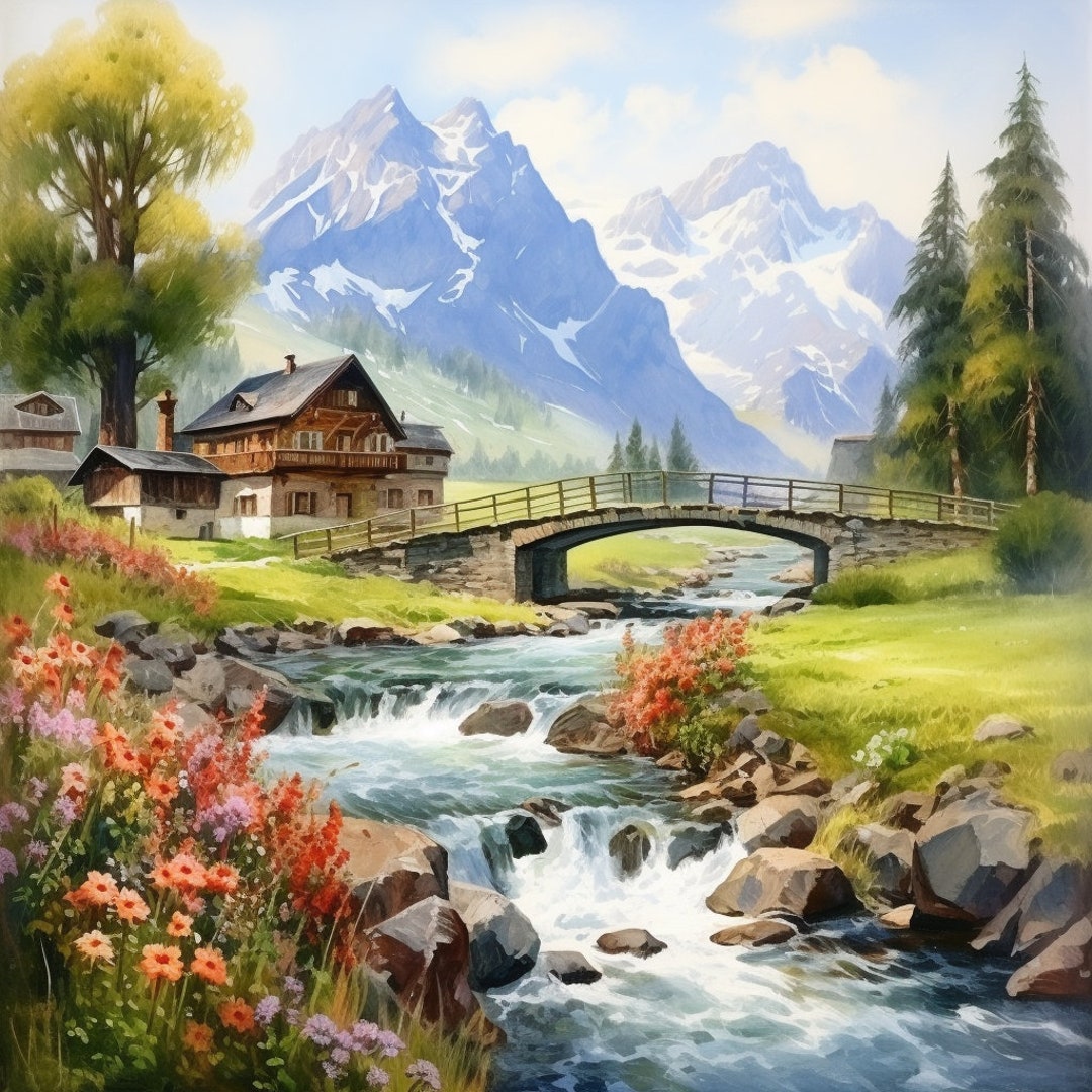 Swiss Alps Village Watercolor Clip Art 4 JPG Mix Media Card Making Invitations Collage Junk ...