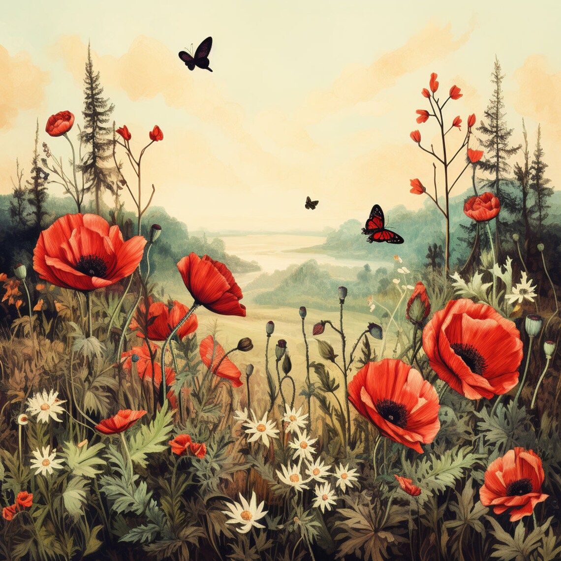 Field of Poppies Watercolor Clip Art 4 JPG Mix Media Card Making ...