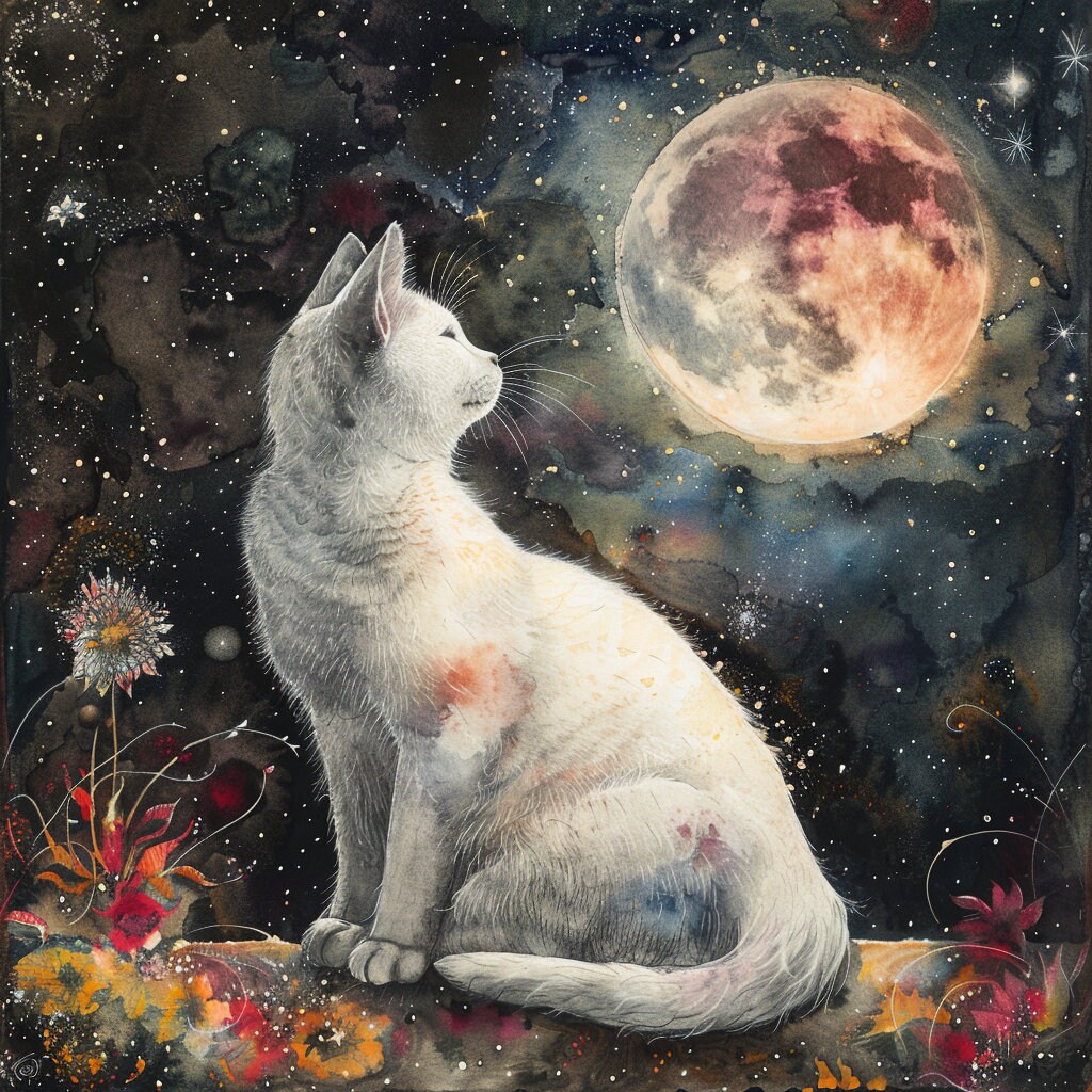 White Cat and Eclipse Watercolor Clip Art 4 JPG Mix Media Card Making ...