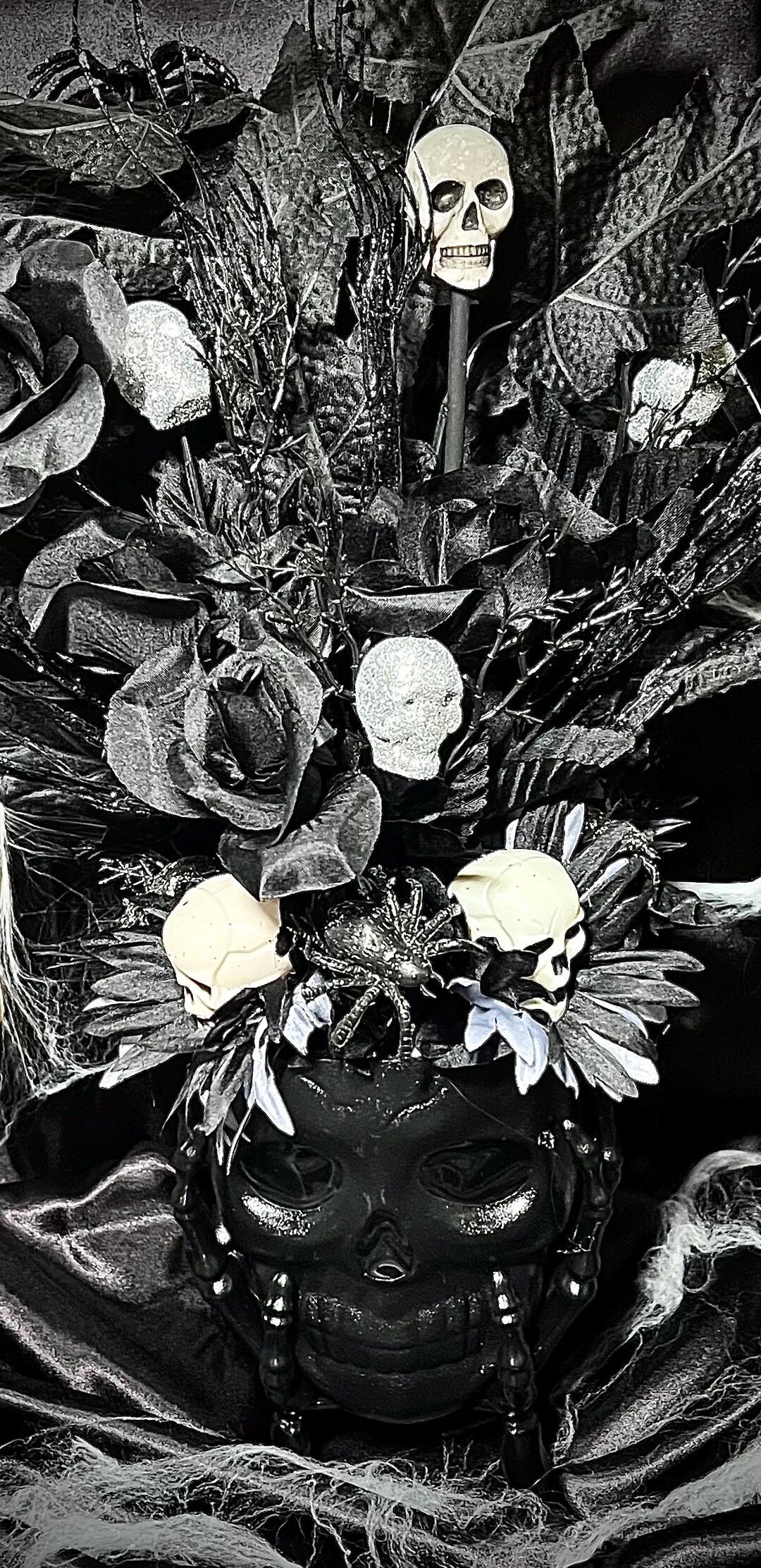 Gothic Skull Floral Arrangement: Halloween Black Roses & Spiders - Etsy