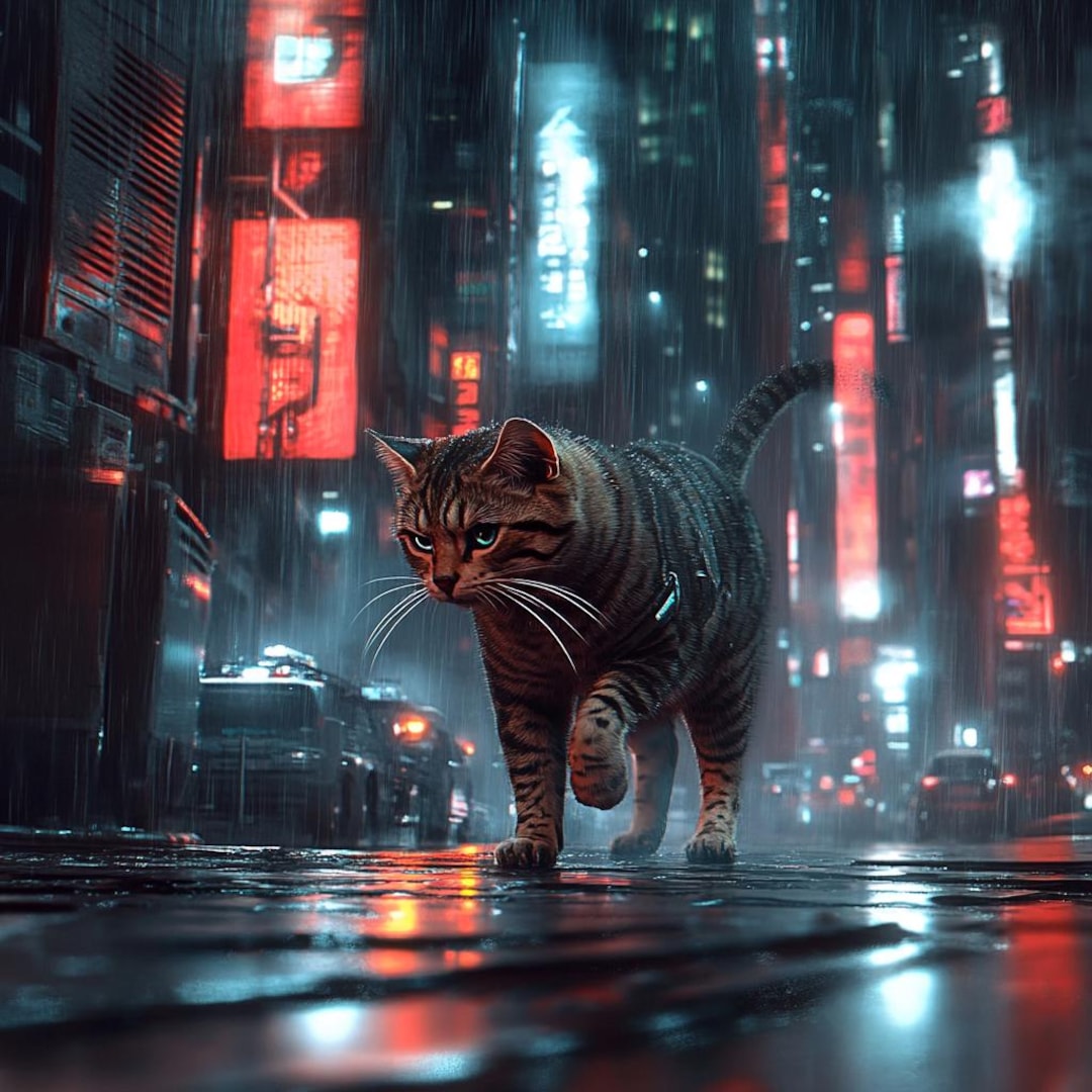 Cyber City Stray,cyberpunk Tabby, Urban Jungle, Street Cat, Neon City ...
