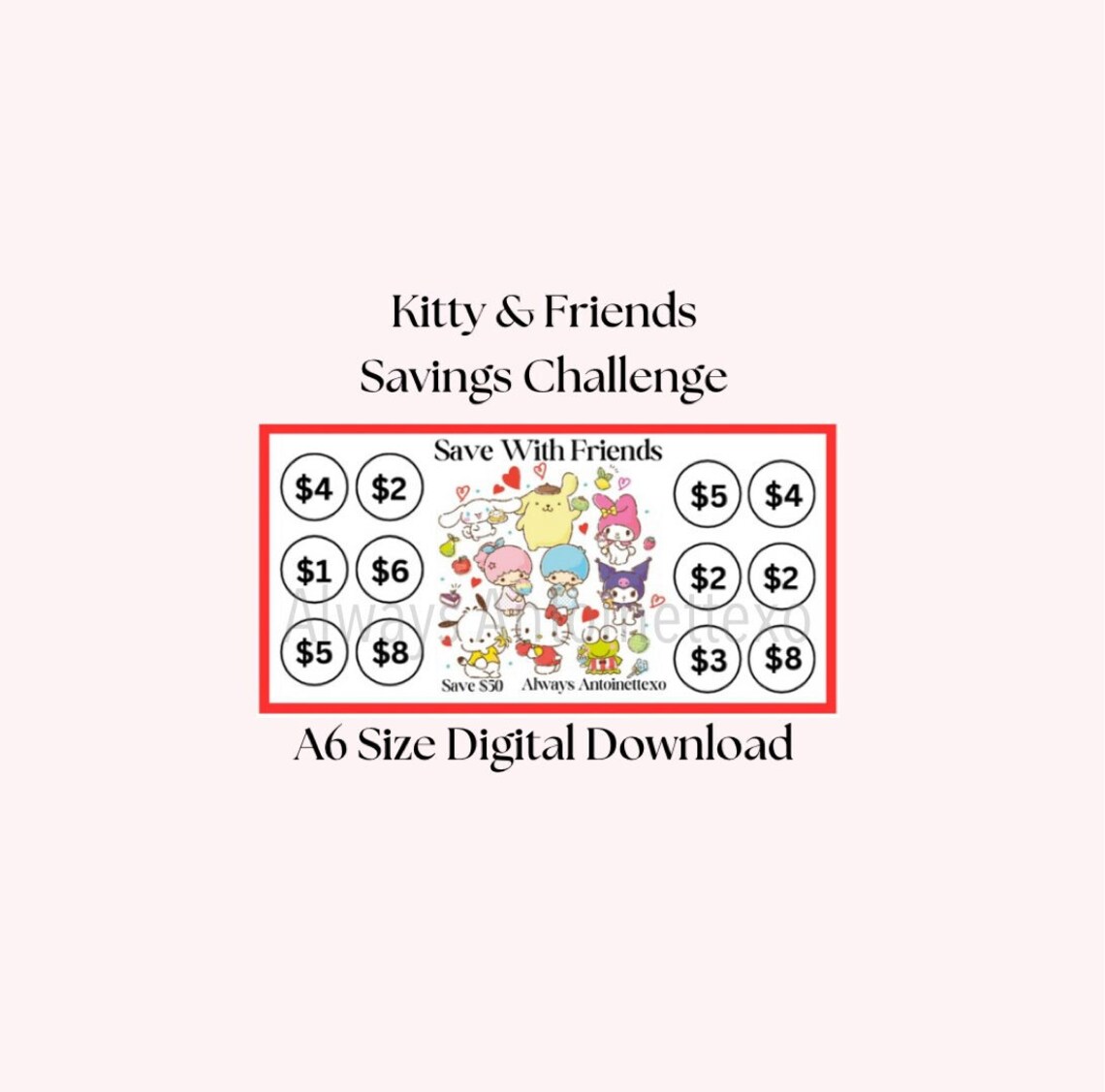 Kitty and Friends Savings Challenge 50 Dollar A6 Digital Download Color ...
