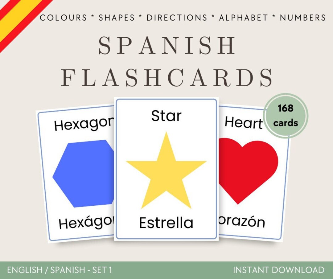 168 SPANISH Bilingual Educational Flashcards, SET 1: colors, Shapes ...