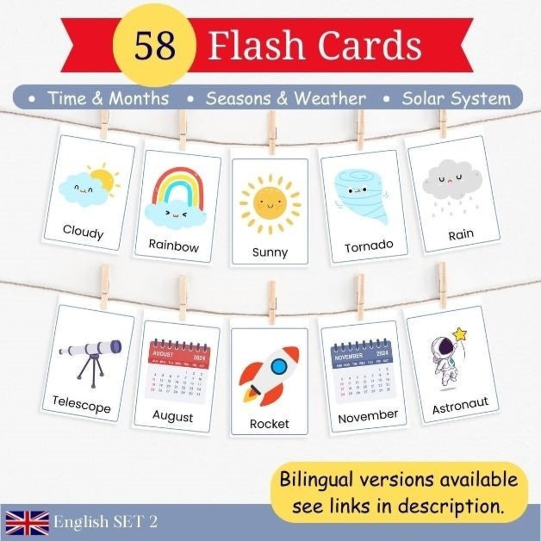 58 Educational Flashcards, SET 2: time & Months, Seasons and Weather ...